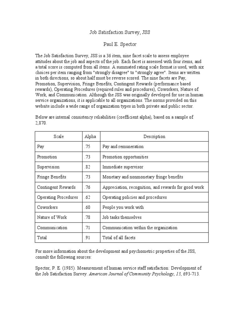 Job Satisfaction Survey, JSS Paul E. Spector | PDF