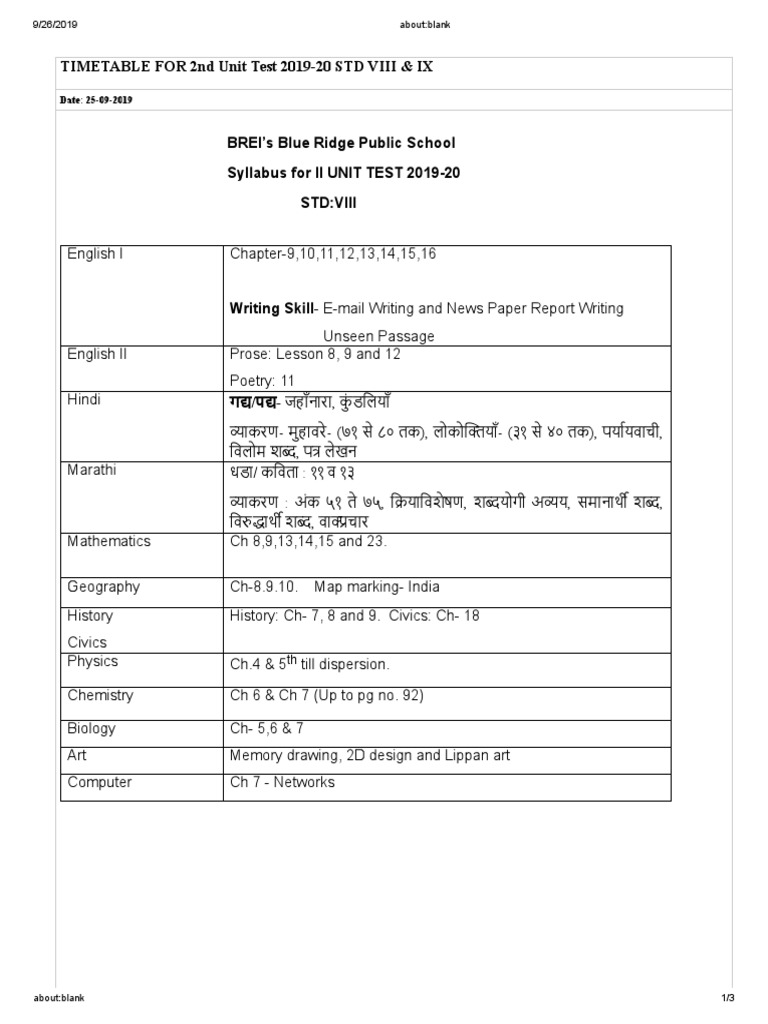 TIMETABLE FOR 2nd Unit Test 2019-20 STD VIII & IX | PDF