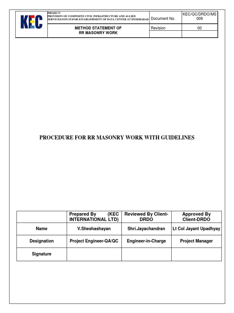RR Masonry Work Method Statement | PDF | Personal Protective Equipment ...