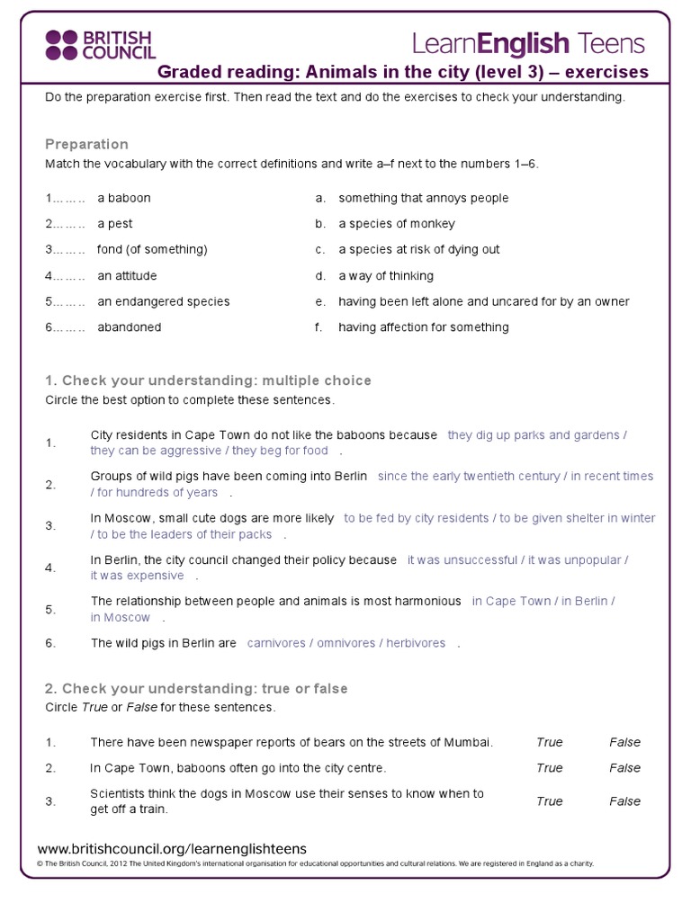 Graded Reading: Animals in The City (Level 3) - Exercises: Preparation ...