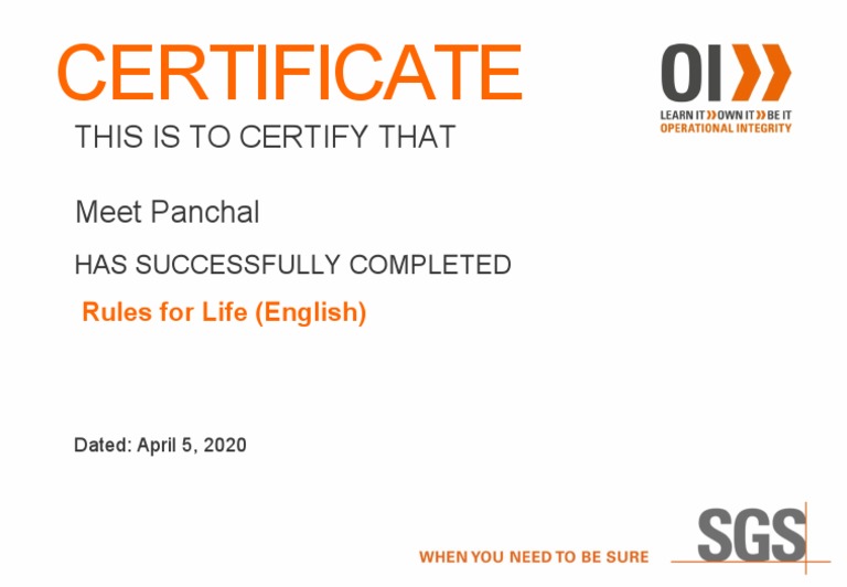 Certificate of Completion: Rules for Life | PDF | Self-Improvement ...