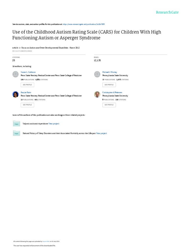 Use of The Childhood Autism Rating Scale CARS For PDF | Download Free ...