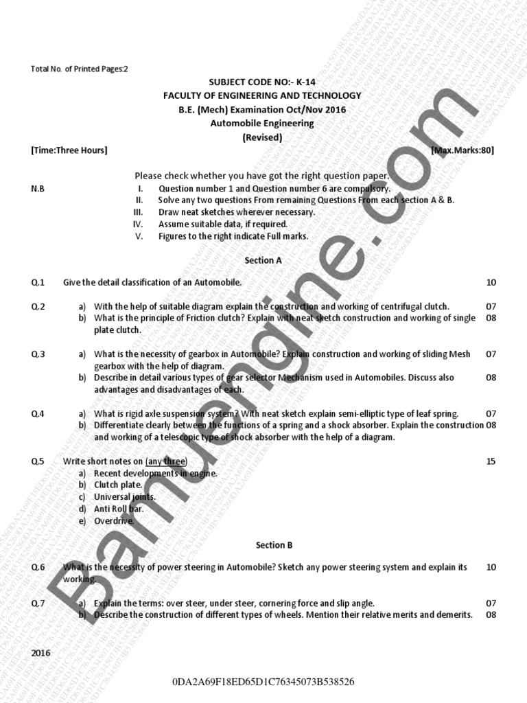 Subject Code No:-K-14 Faculty of Engineering and Technology B.E. (Mech ...