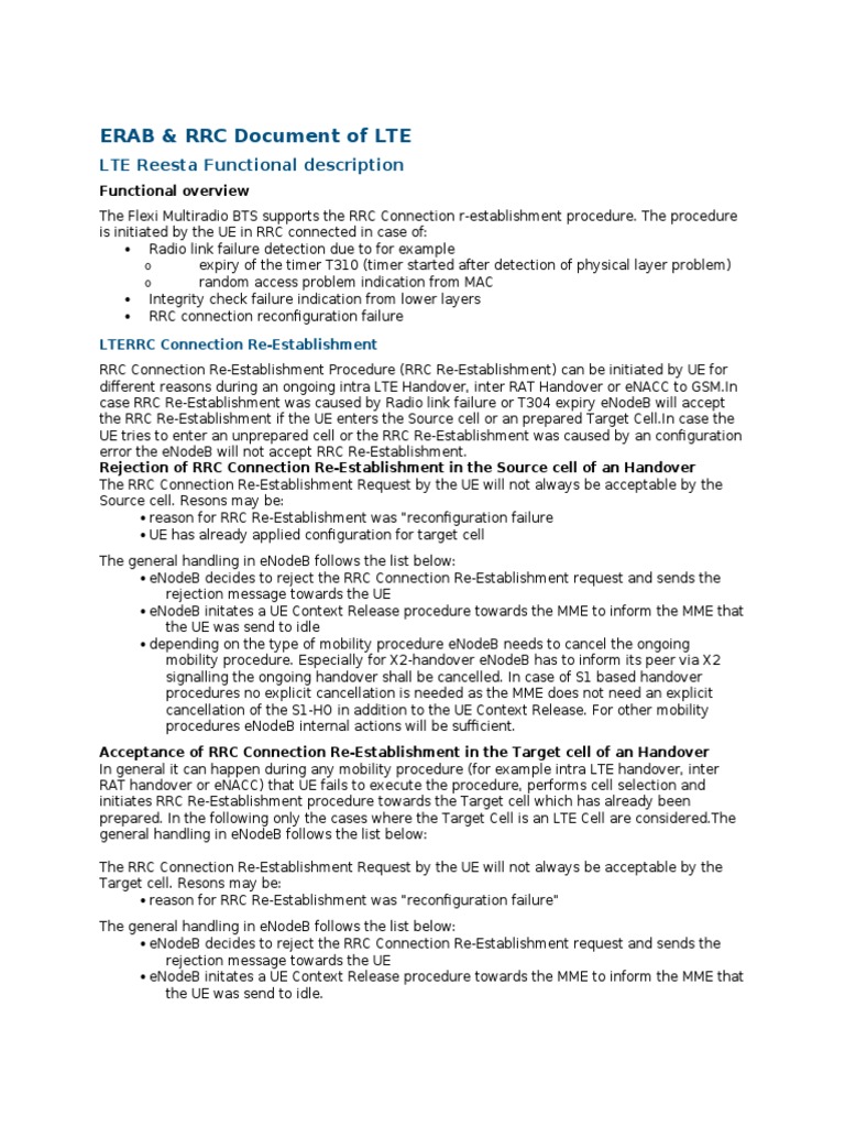 ERAB & RRC Document of LTE: LTE Reesta Functional Description | PDF ...