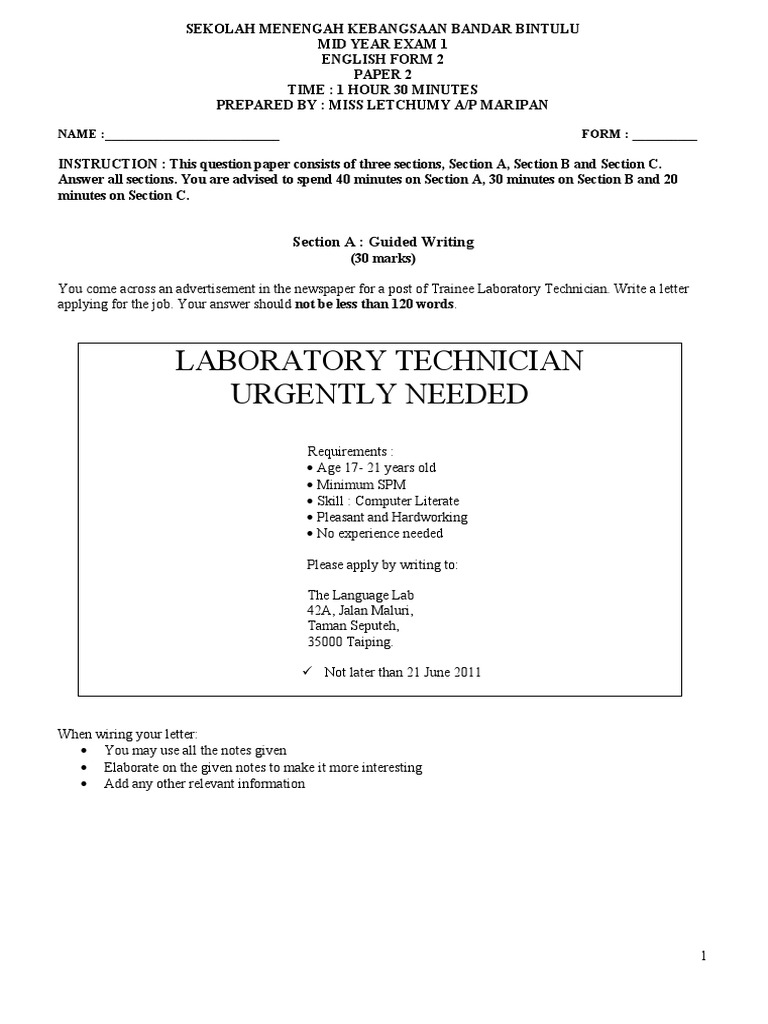 Laboratory Technician Urgently Needed: Section A: Guided Writing | PDF ...
