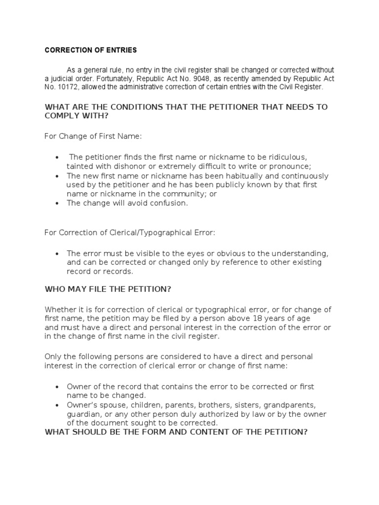 Administrative Correction of Certain Civil Registry Entries: Rules and ...