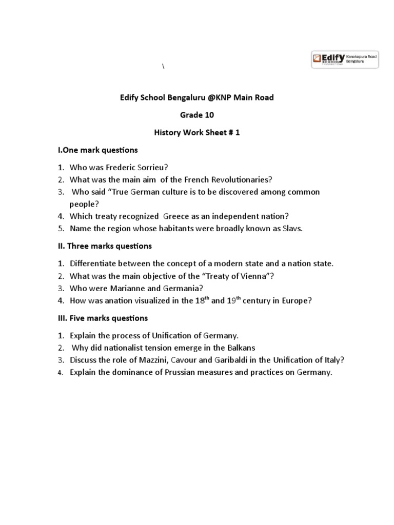 Edify School Bengaluru @KNP Main Road Grade 10 History Work Sheet # 1 I ...
