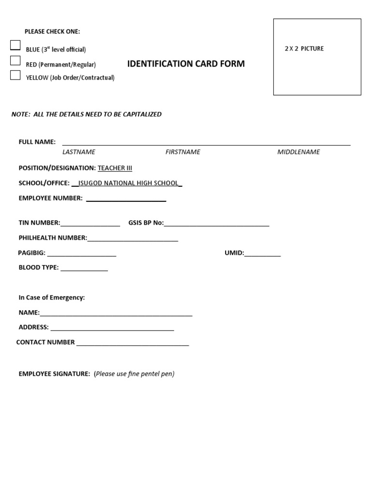 Identification Card Form: Blue (3 Level Official) RED (Permanent ...