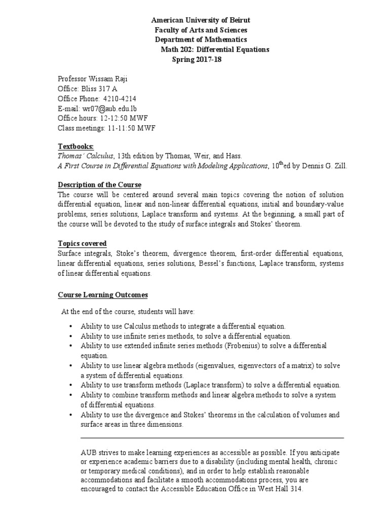 Math 202 Syllabus-Spring18 PDF | PDF | Differential Equations | Equations