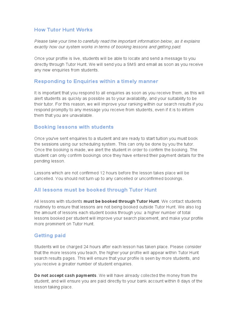 How Tutor Hunt Works | PDF | Tutor | Teaching And Learning