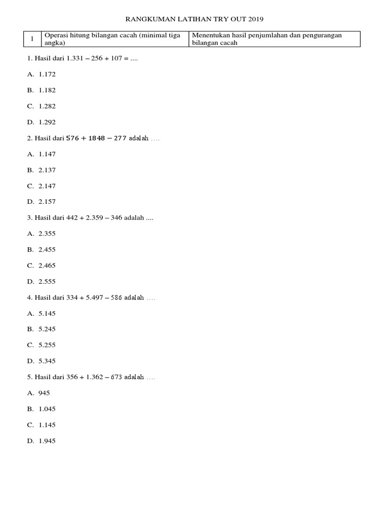 Rangkuman Latihan Try Out MTK 2019 PDF | PDF