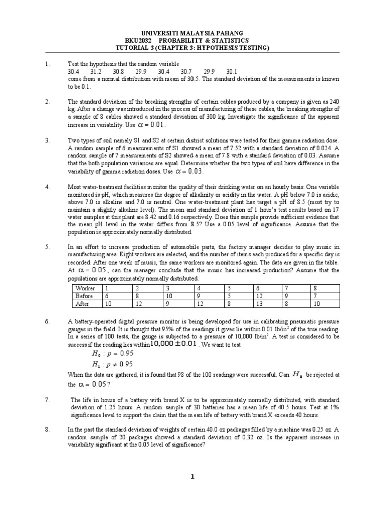 Universiti Malaysia Pahang BKU2032 Probability & Statistics Tutorial 3 (Chapter 3: Hypothesis ...