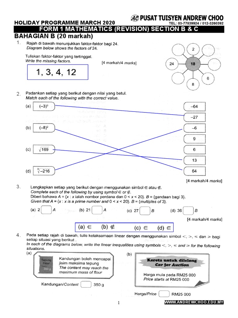 Pt3 Mathematics Form 1 Revision Kssm Pdf