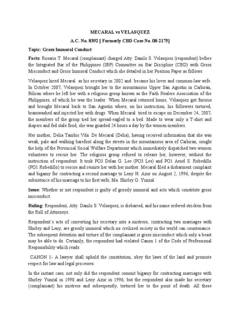 MECARAL Vs VELASQUEZ Case Digest | PDF | Lawyer | Social Institutions