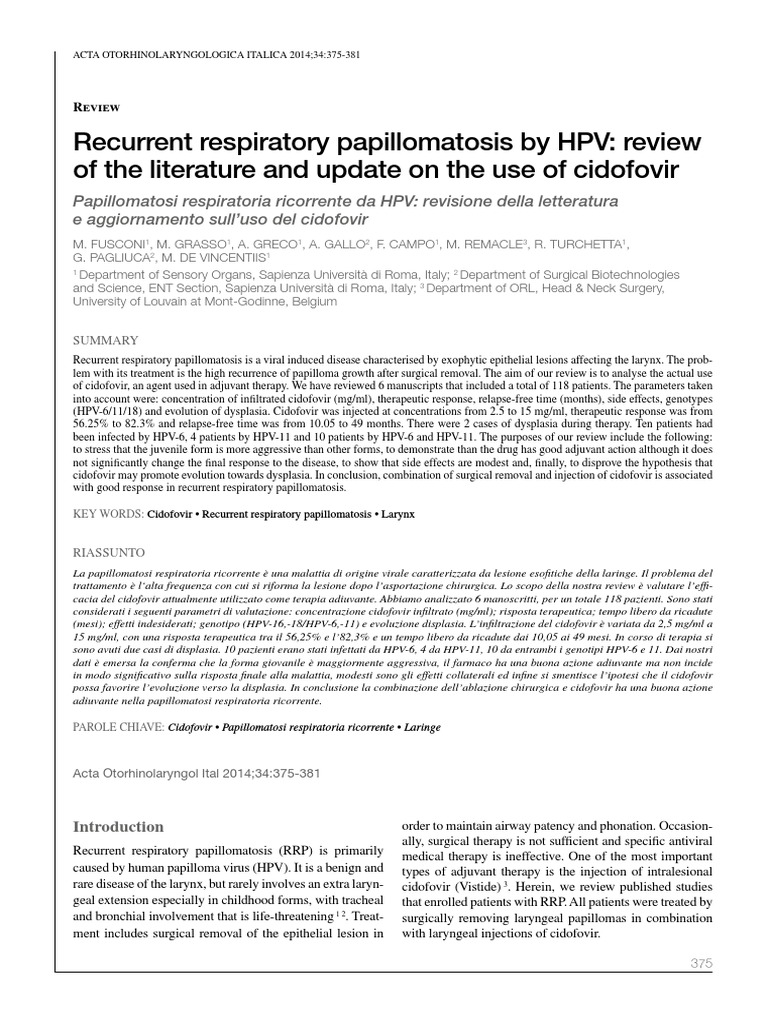 Recurrent Respiratory Papillomatosis by HPV: Review of The Literature ...