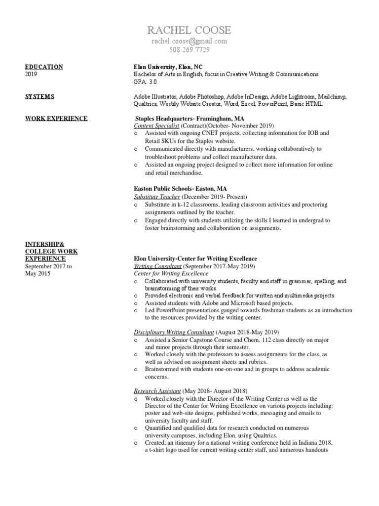 Coose Rachel Resume | PDF | Teachers | Behavior Modification