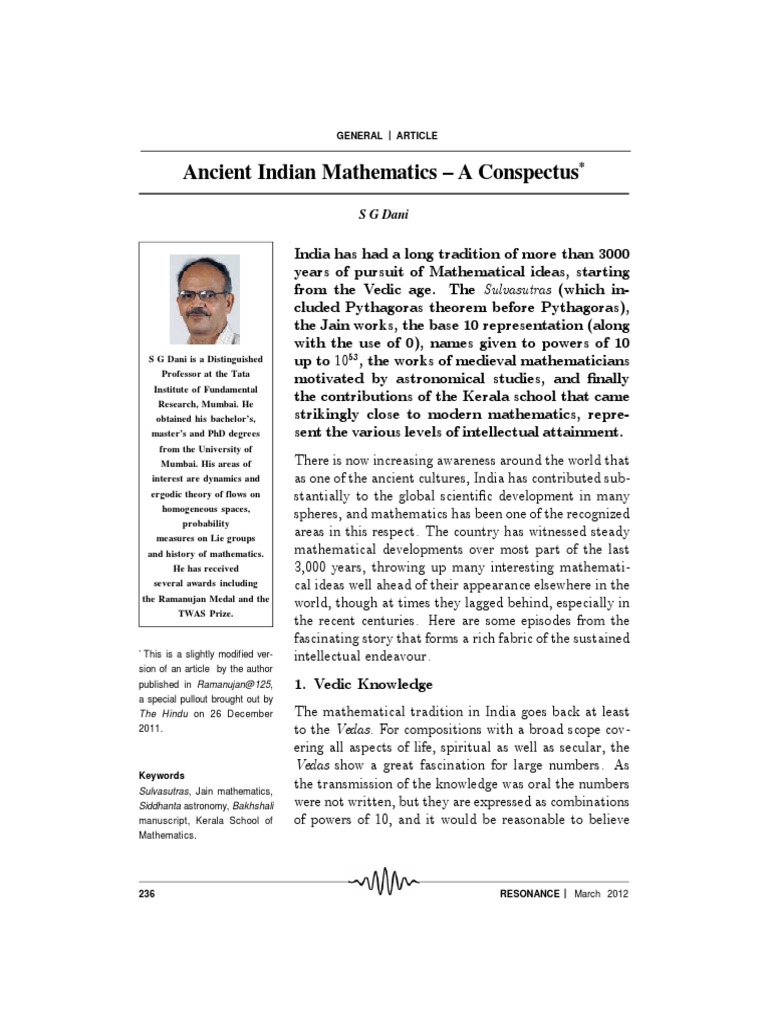 Ancient Indian Mathematics - A Conspectus: Sgdani | PDF | Teaching ...