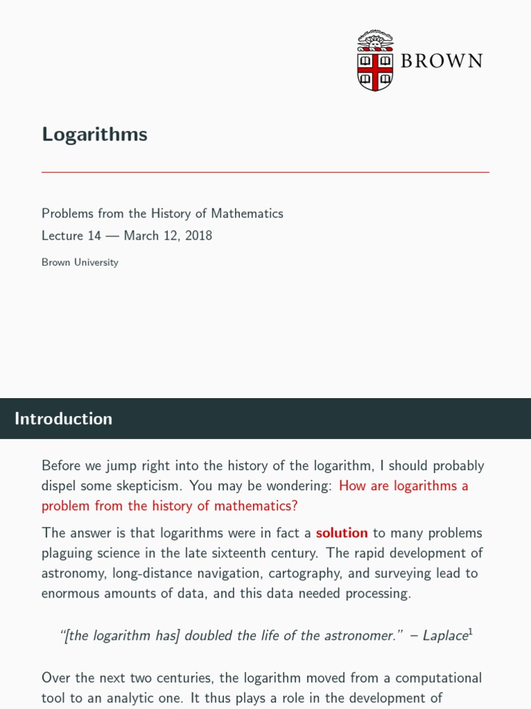 Logarithms: Problems From The History of Mathematics Lecture 14 - March ...
