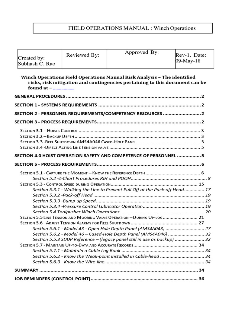 FIELD OPERATIONS MANUAL: Winch Operations | PDF | Casing (Borehole) | Valve
