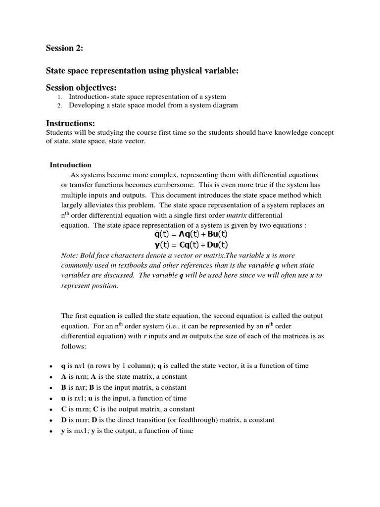 State Space Representation Overview | PDF | Matrix (Mathematics ...