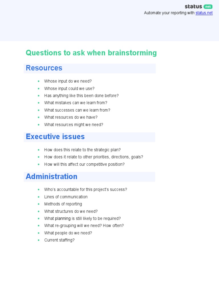 Questions To Ask When Brainstorming: Resources | PDF | Brainstorming ...