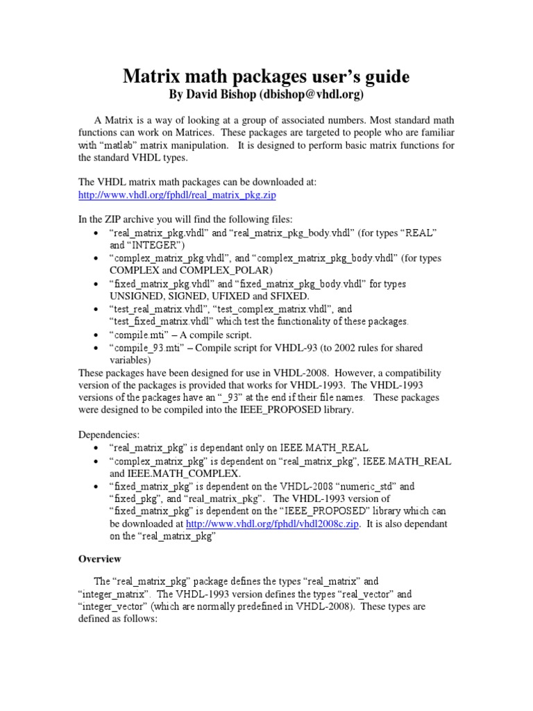 Matrix Math Packages User S Guide Pdf Matrix Mathematics Vhdl