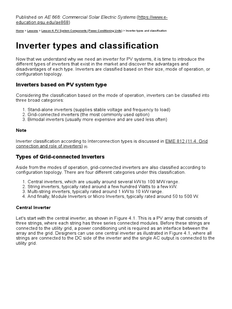 Types and Classifications of Solar Inverters | PDF | Photovoltaic ...