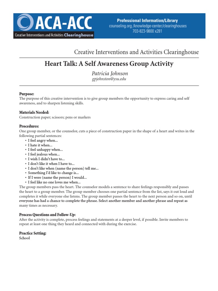 Heart Talk: Self Awareness Activity | PDF