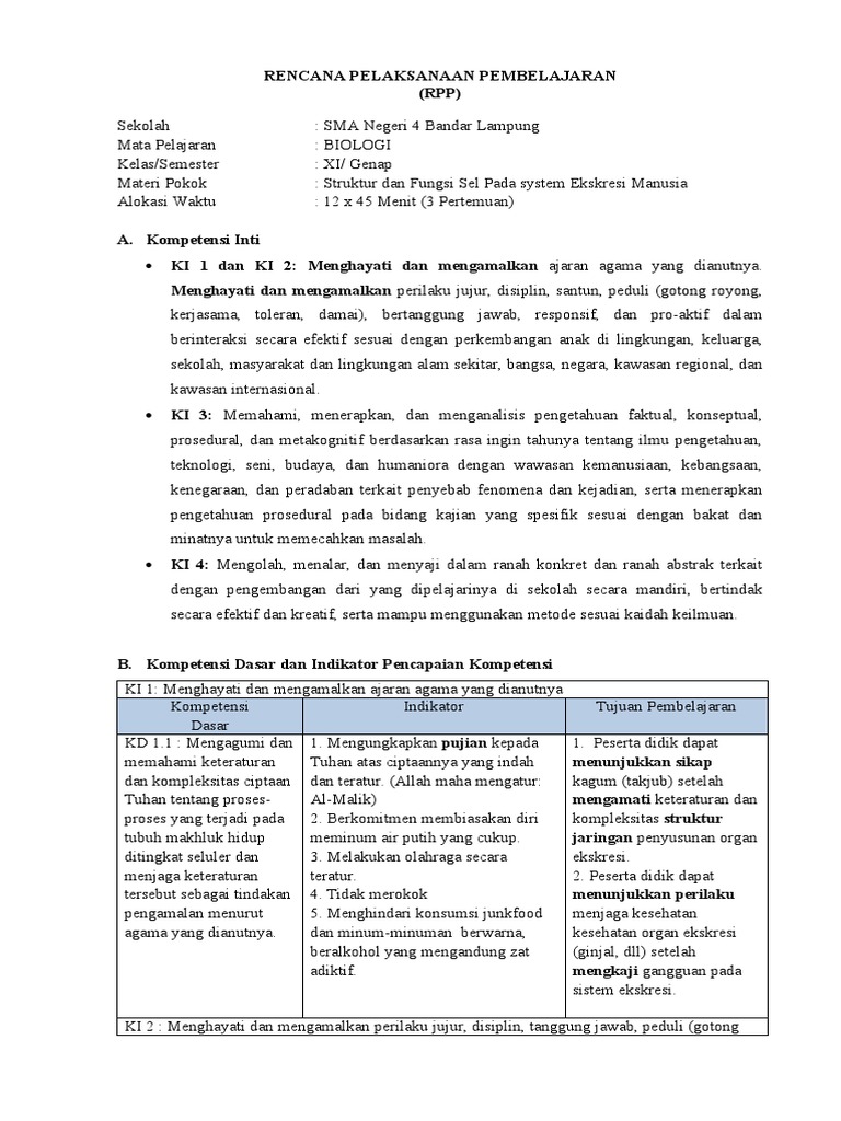 RPP INQUIRY LEARNING SISTEM EKSKRESI SMA Kelas XI | PDF