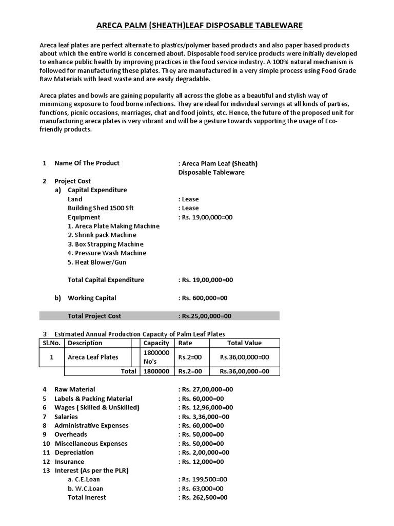 Project Report For Areca Palm Leaf Plate Manufacturing | PDF ...