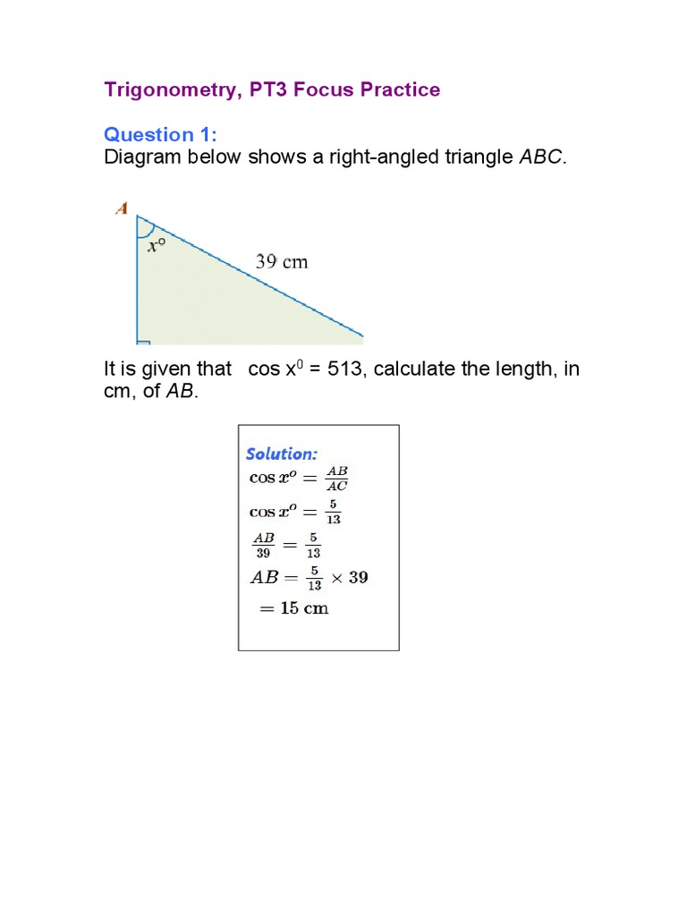Diagram Below Shows A Right-Angled Triangle ABC.: Trigonometry, PT3 ...