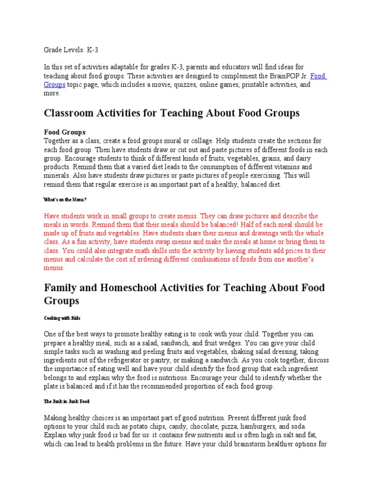 Classroom Activities For Teaching About Food Groups | PDF | Meal | Foods