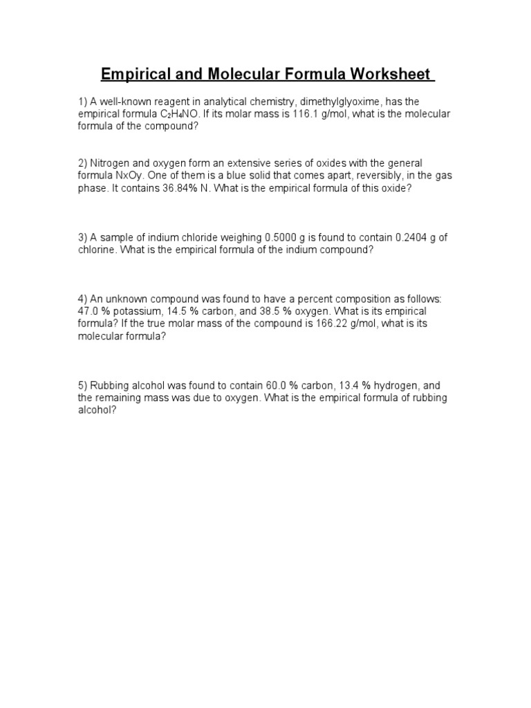 Empirical and Molecular Formula Worksheet | PDF | Mole (Unit) | Chemical Compounds