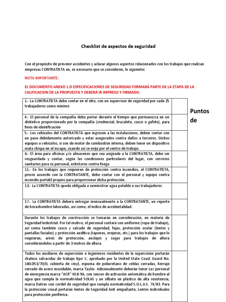 Checklist de Aspectos de Seguridad | PDF | Mercancías peligrosas | Grúa (máquina)
