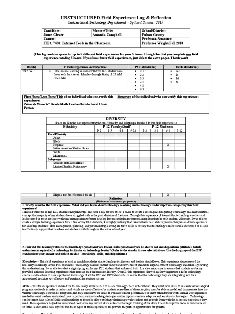 UNSTRUCTURED Field Experience Log & Reflection: Date(s) 1 Field ...
