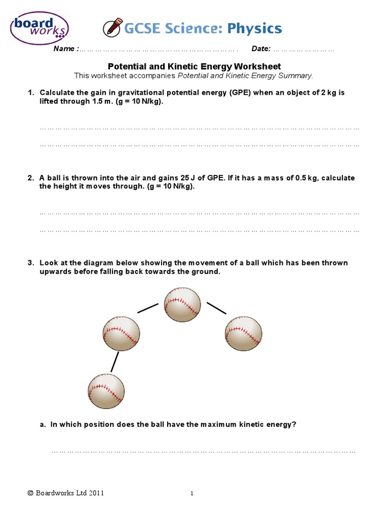 Potential And Kinetic Energy Worksheets For 3rd Grade