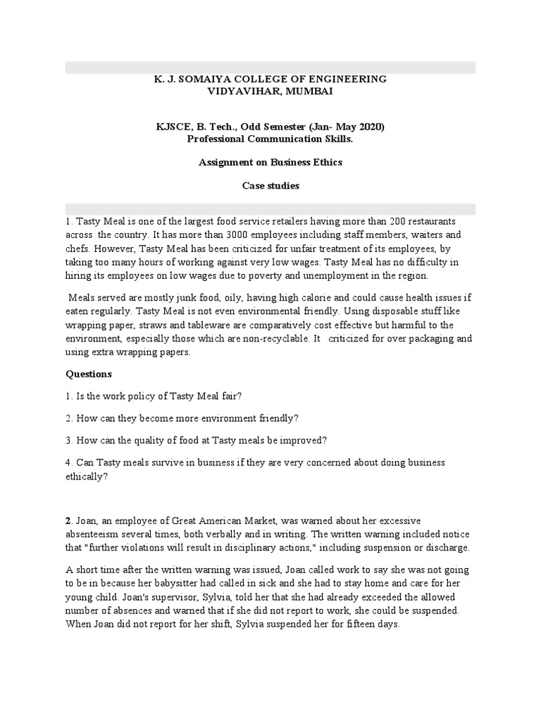 Business Ethics Case Study | PDF | Employment | Foods