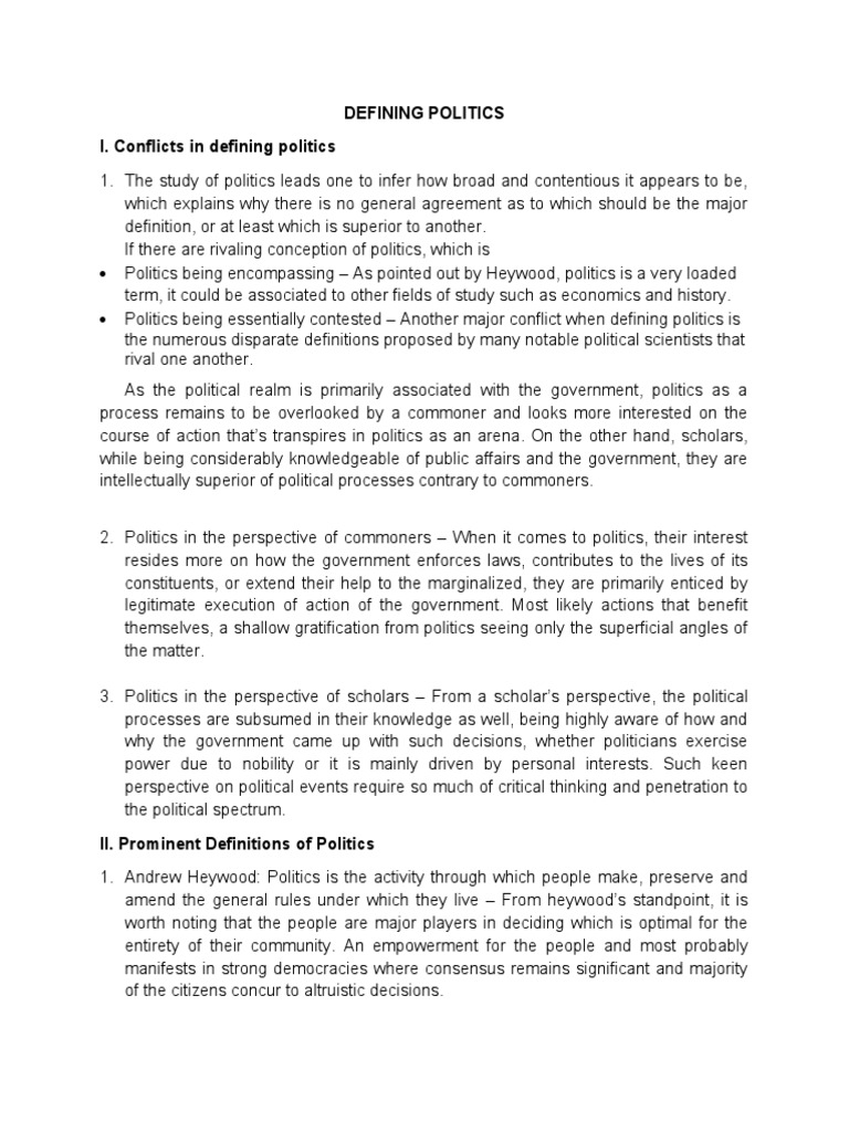 Defining Politics I. Conflicts in Defining Politics | PDF | Ethical ...