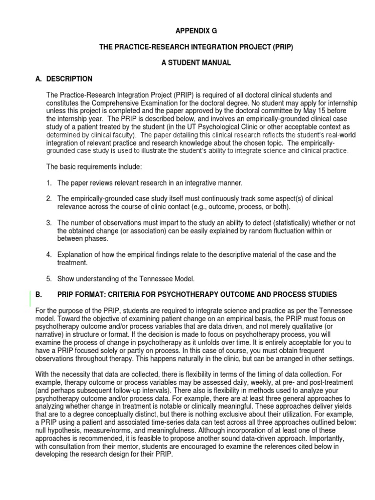 Appendix G The Practice-Research Integration Project (Prip) A Student ...
