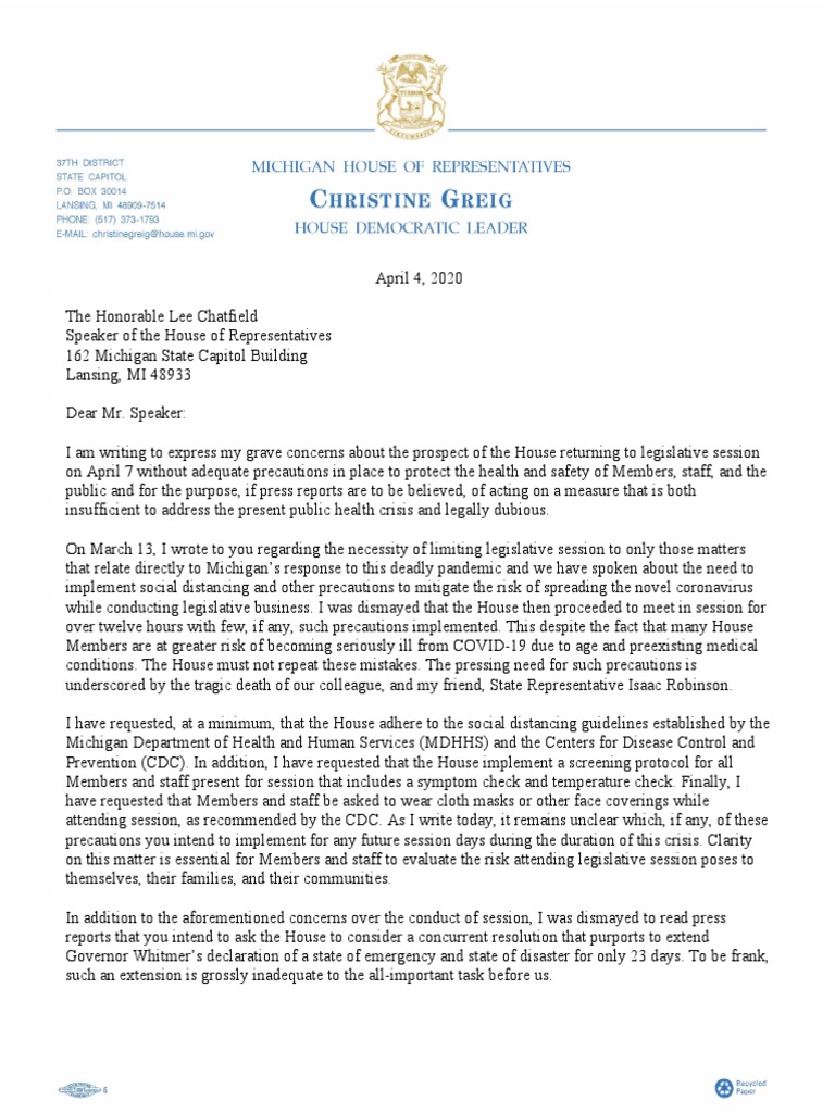 Rep. Christine Greig Letter To Michigan Speaker of The House | PDF ...
