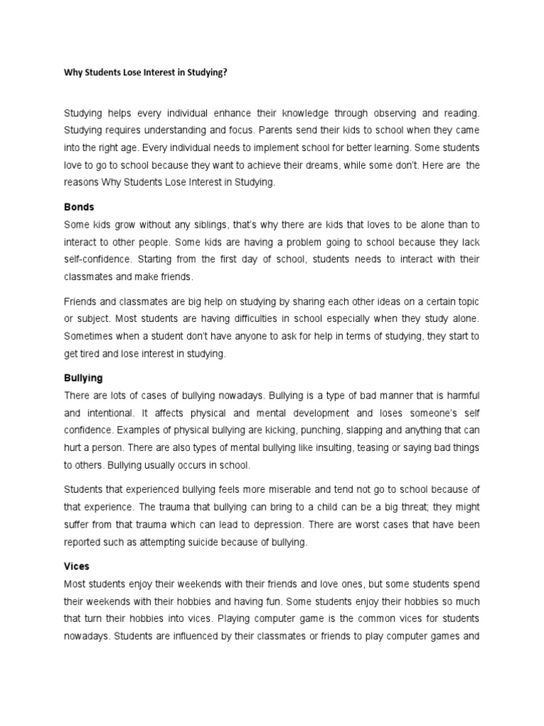 Reasons Students Lose Interest in Studies | PDF | Bullying ...