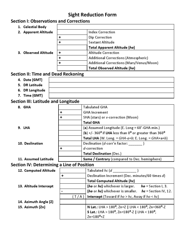 Sight Reduction Form PDF | PDF | Celestial Mechanics | Astrometry