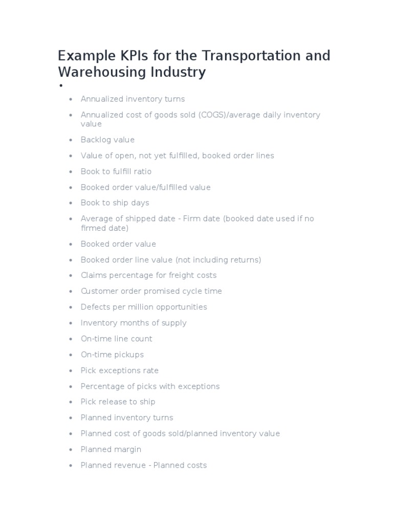 Example Kpis For The Transportation and Warehousing Industry | PDF ...