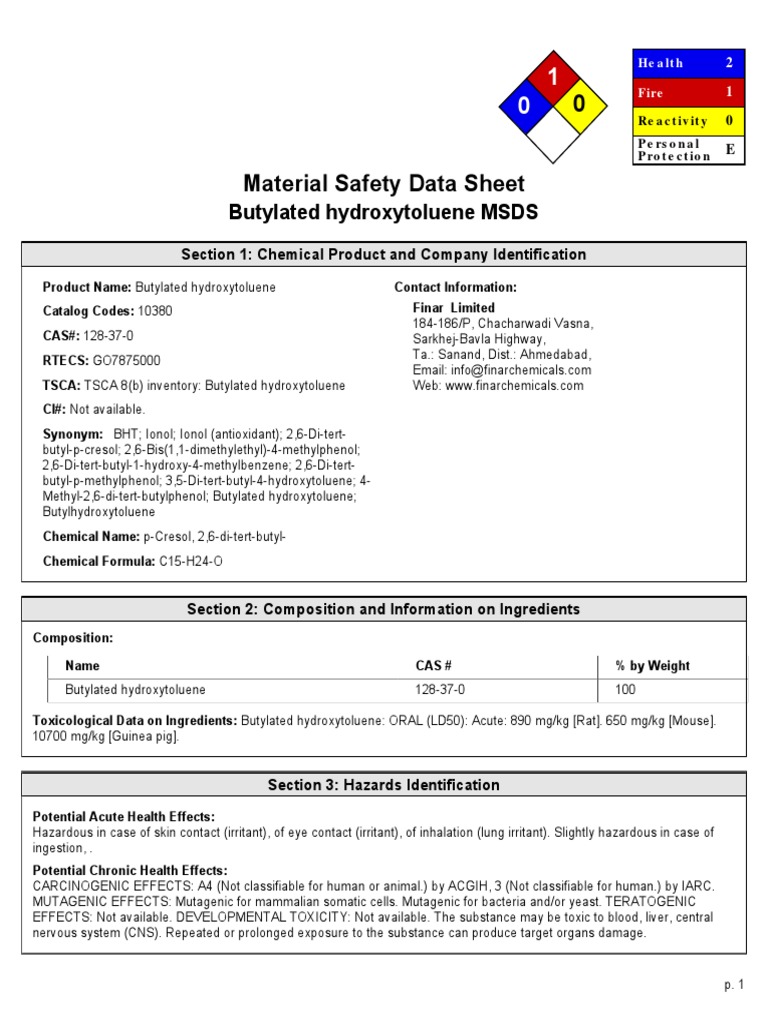 0 Material Safety Data Sheet: Butylated Hydroxytoluene MSDS | PDF ...