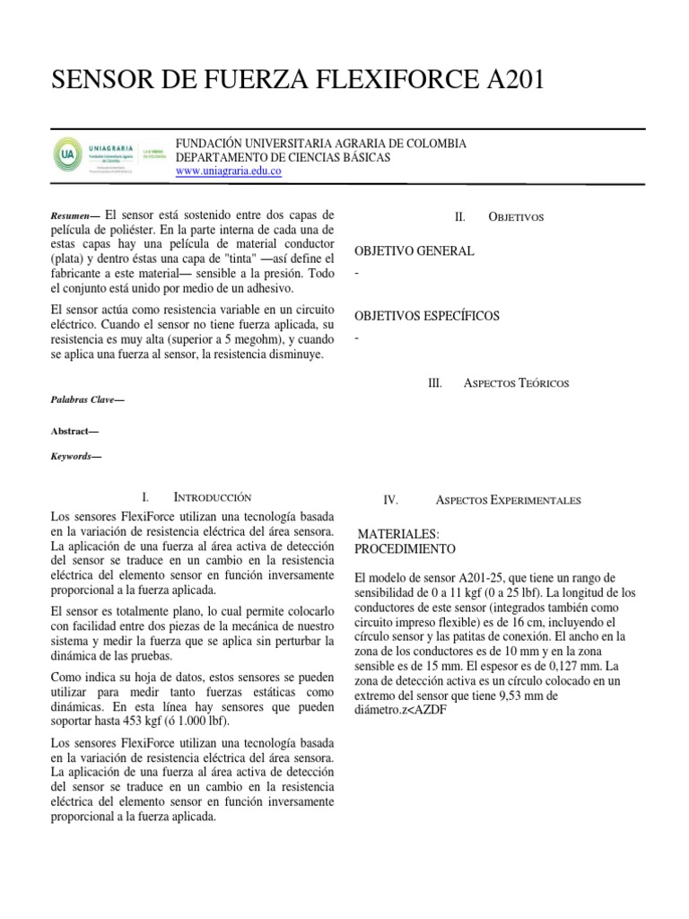 Sensor FlexiForce A201: Características y Uso | PDF | Sensor | Fuerza