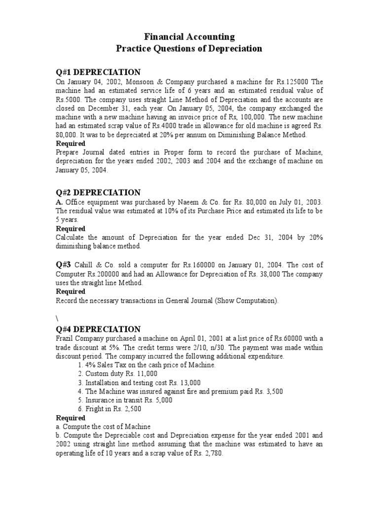Financial Accounting Practice Questions of Depreciation | PDF ...