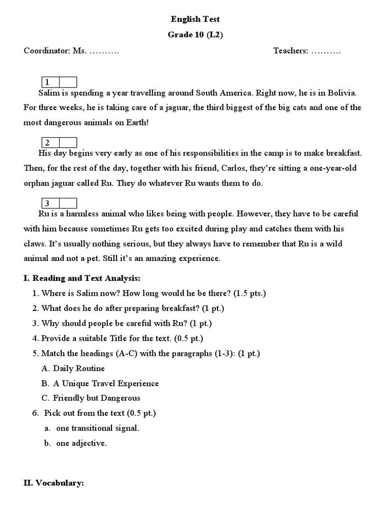 English Test Grade 10 (L2) | PDF | Morphology | Communication