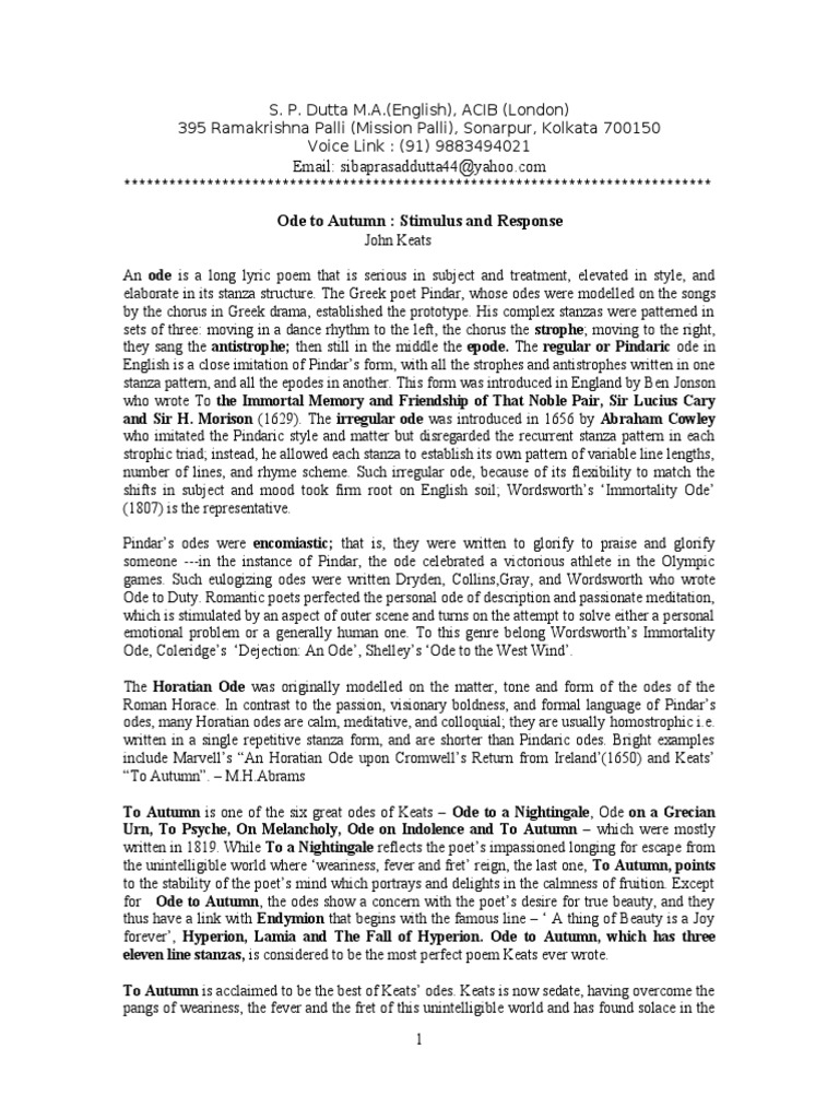 Ode To Autumn: Stimulus and Response | PDF | John Keats | Poetry