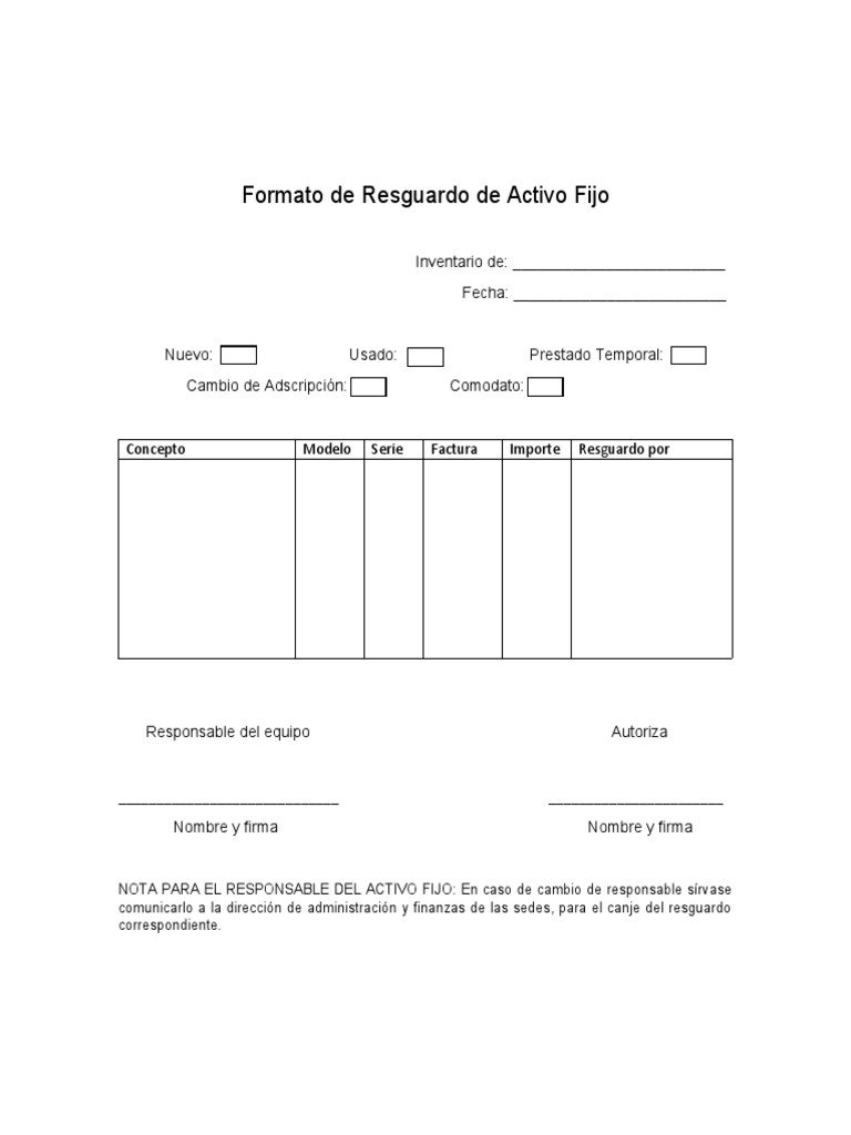 Formato de Resguardo de Activo Fijo | PDF