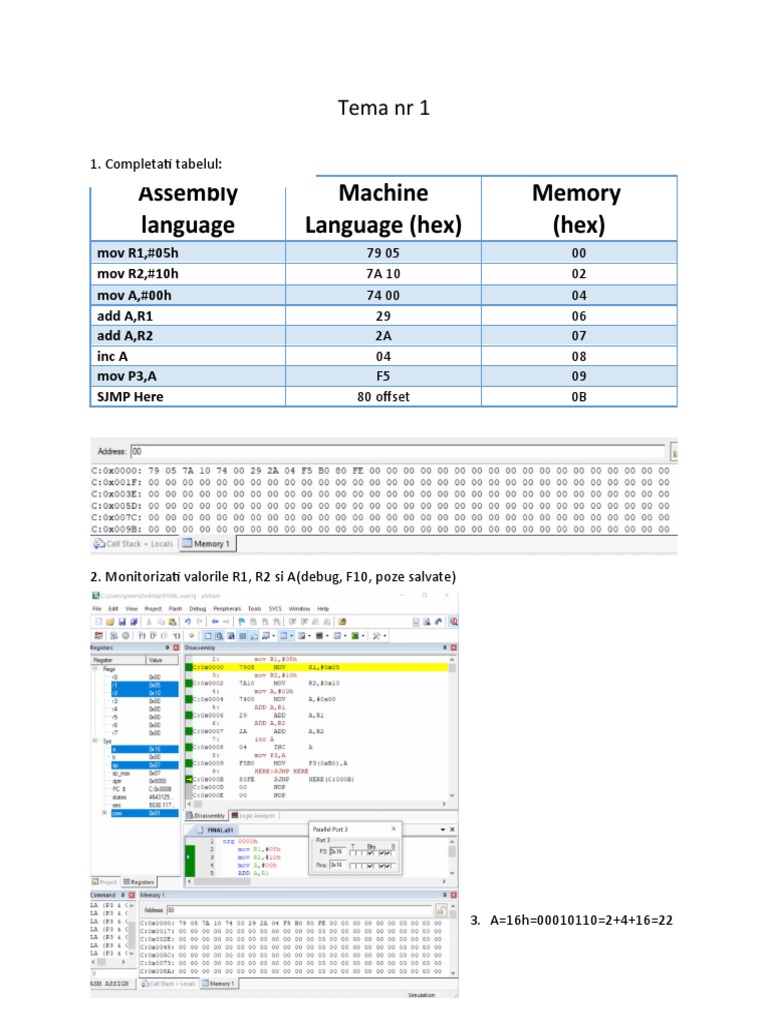 Assembly Language Machine Language (Hex) Memory (Hex) : Tema NR 1 | PDF
